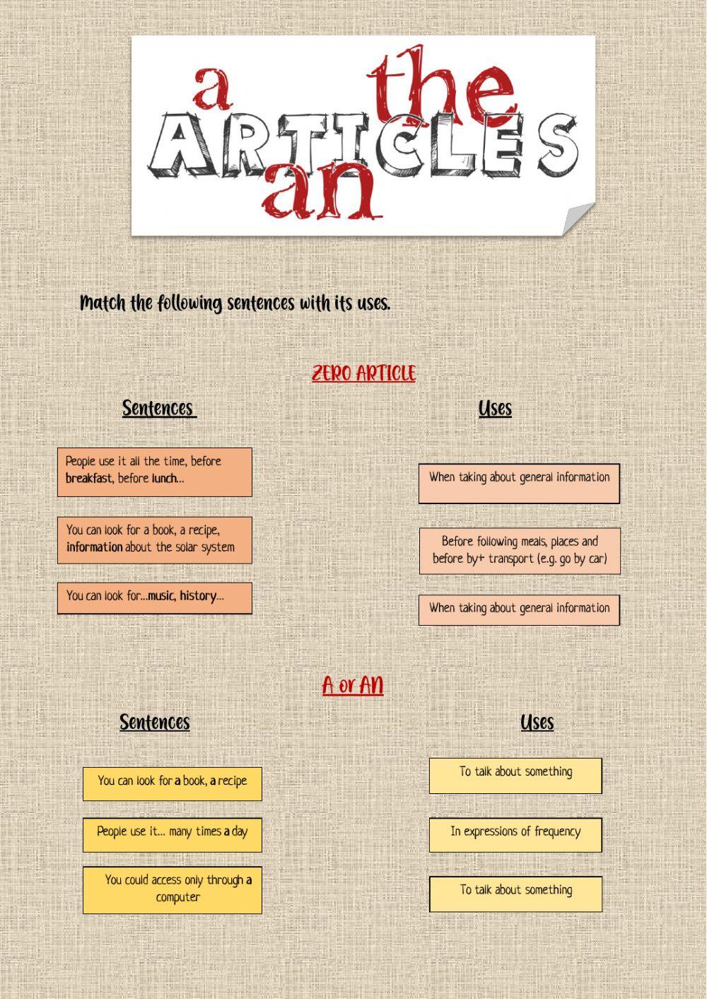 Articles exercise for Elementary | Live Worksheets