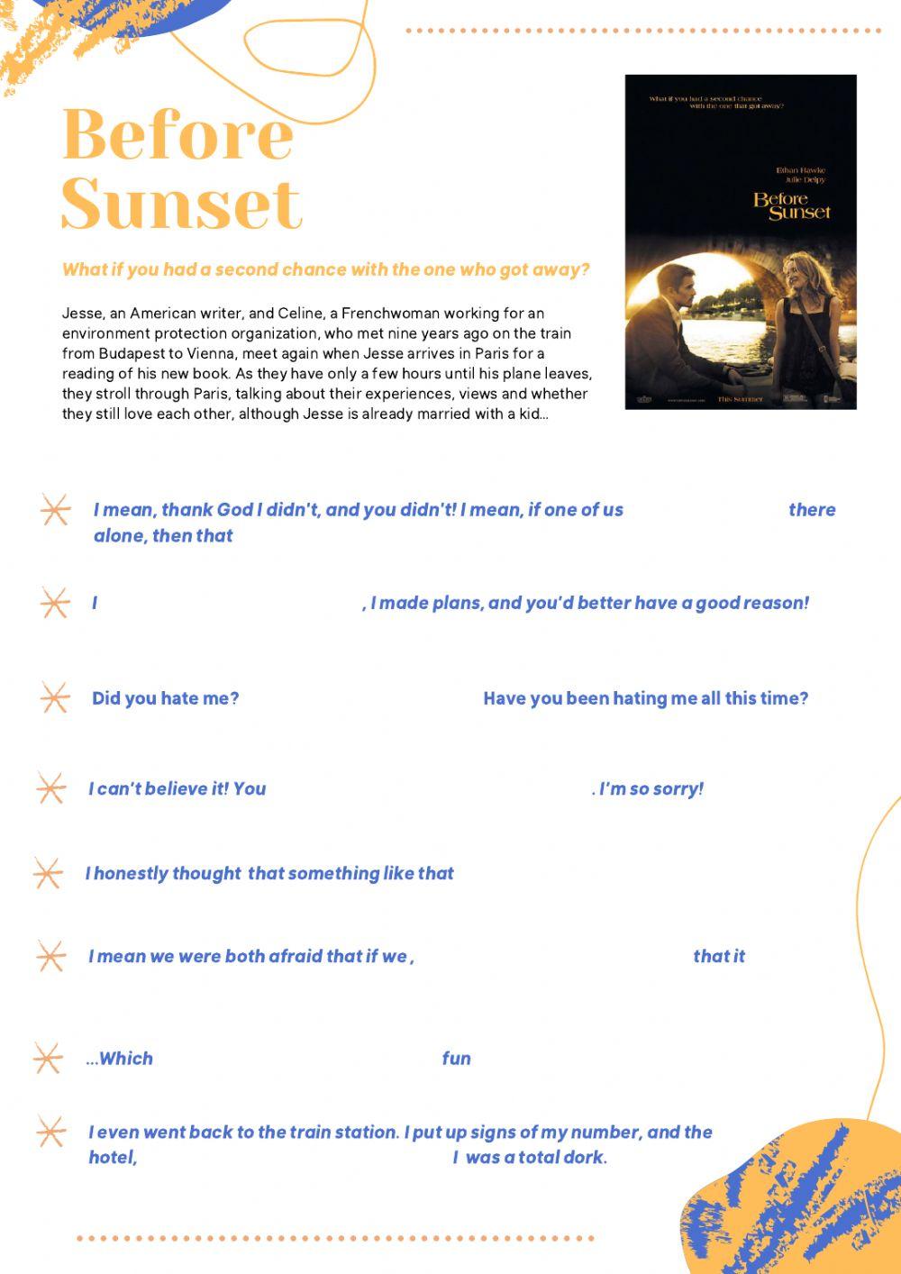 Before Sunset | Free Interactive Worksheets | 346564