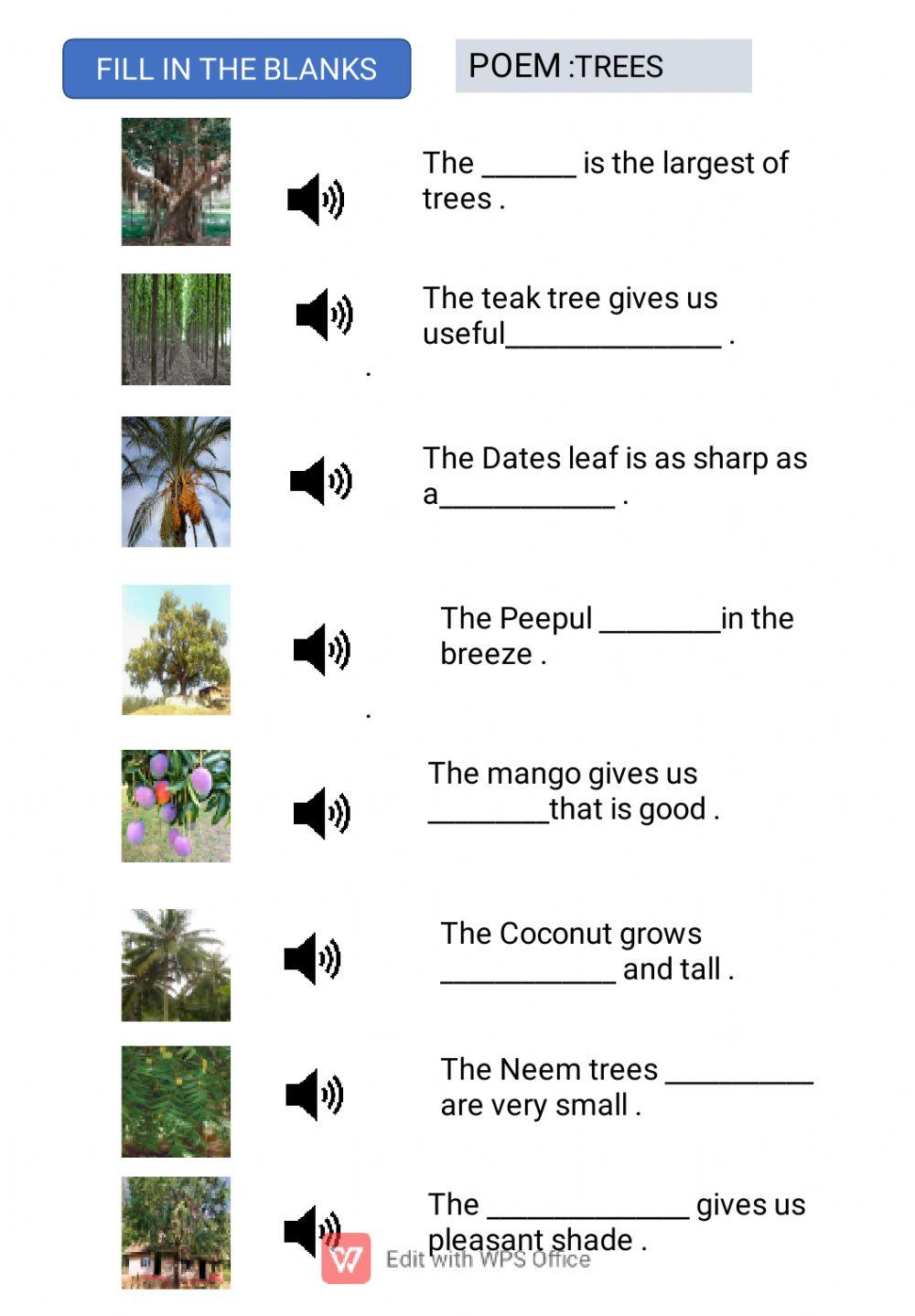 Poem Trees Std 6 Term 1 worksheet | Live Worksheets