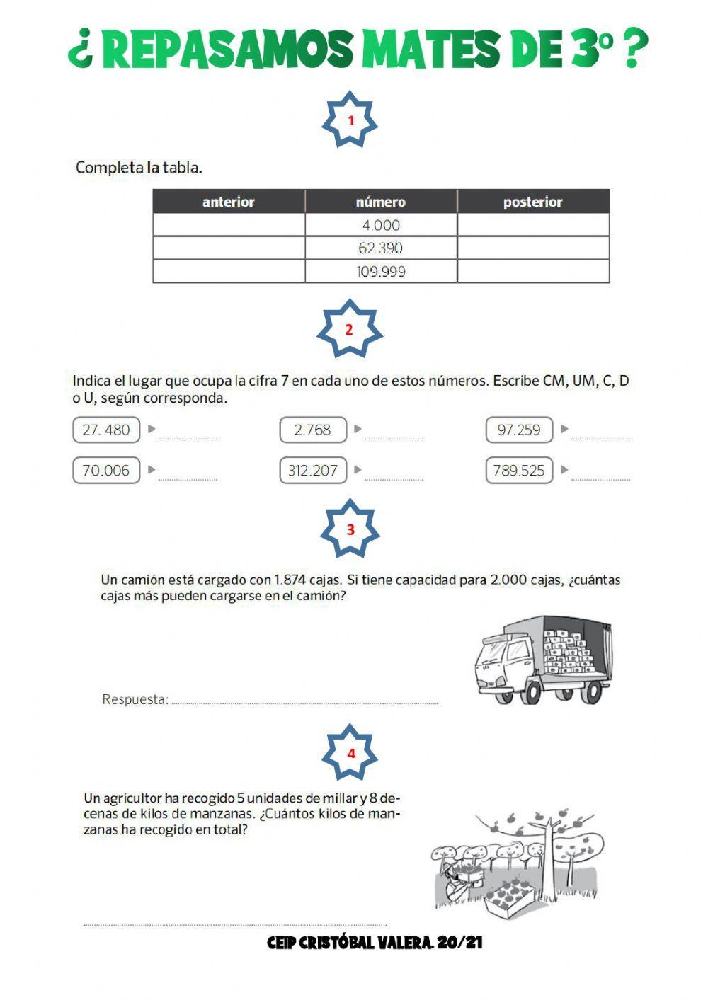 Ficha repaso mate 3º worksheet | Live Worksheets