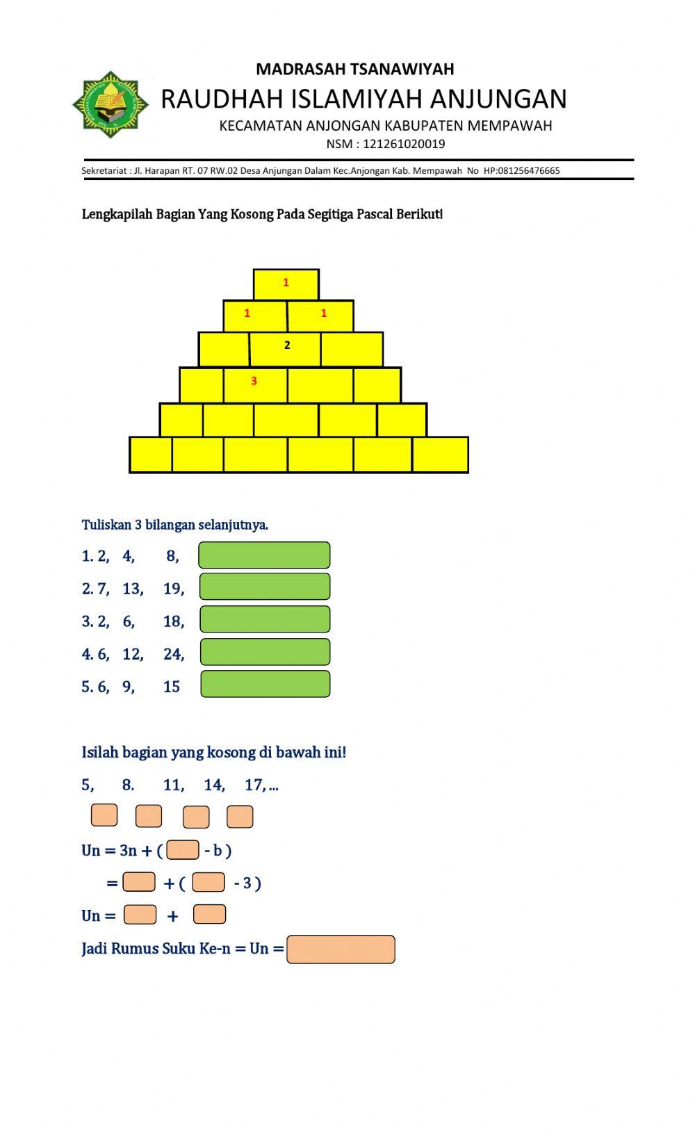 Segitiga pascal & barisan bilangan worksheet | Live Worksheets