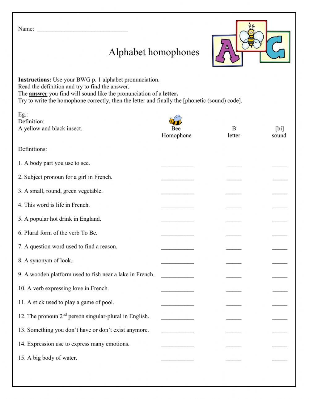 Alphabet homophones worksheet | Live Worksheets