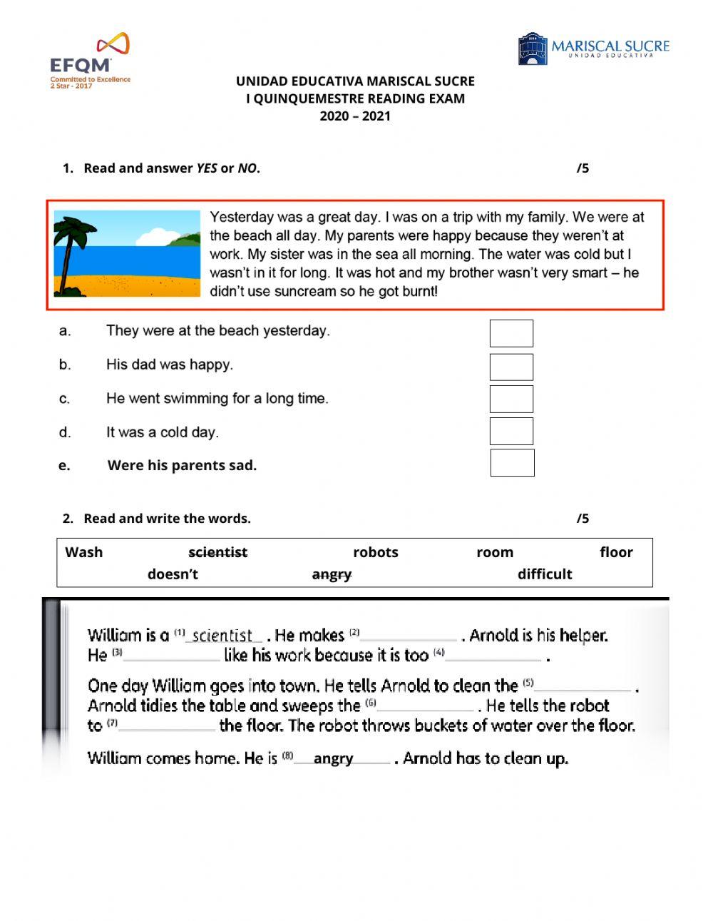 Reading Evaluation activity | Live Worksheets