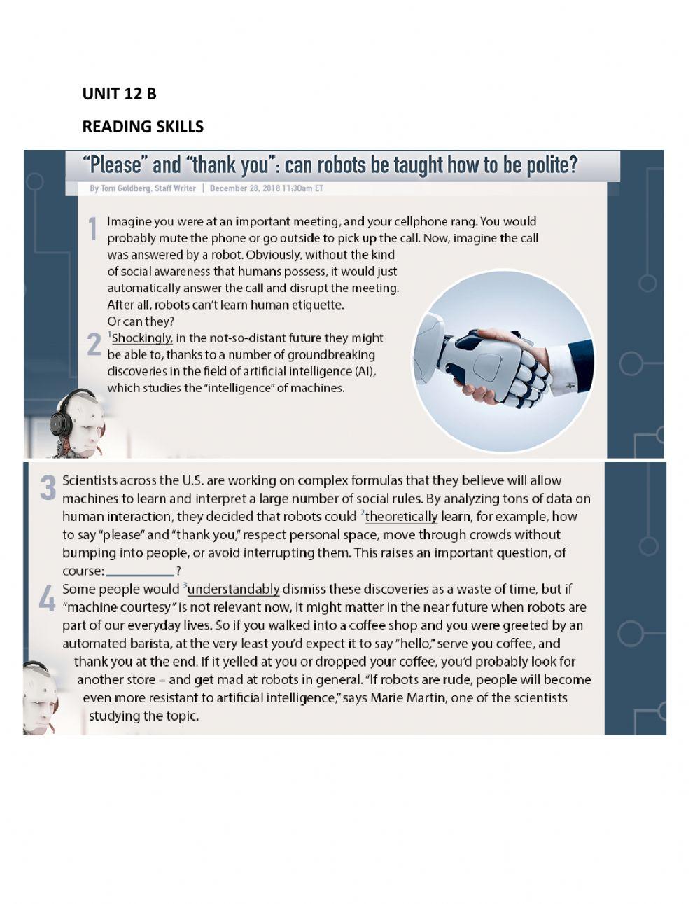 I 8 Unit 12 B Reading worksheet | Live Worksheets