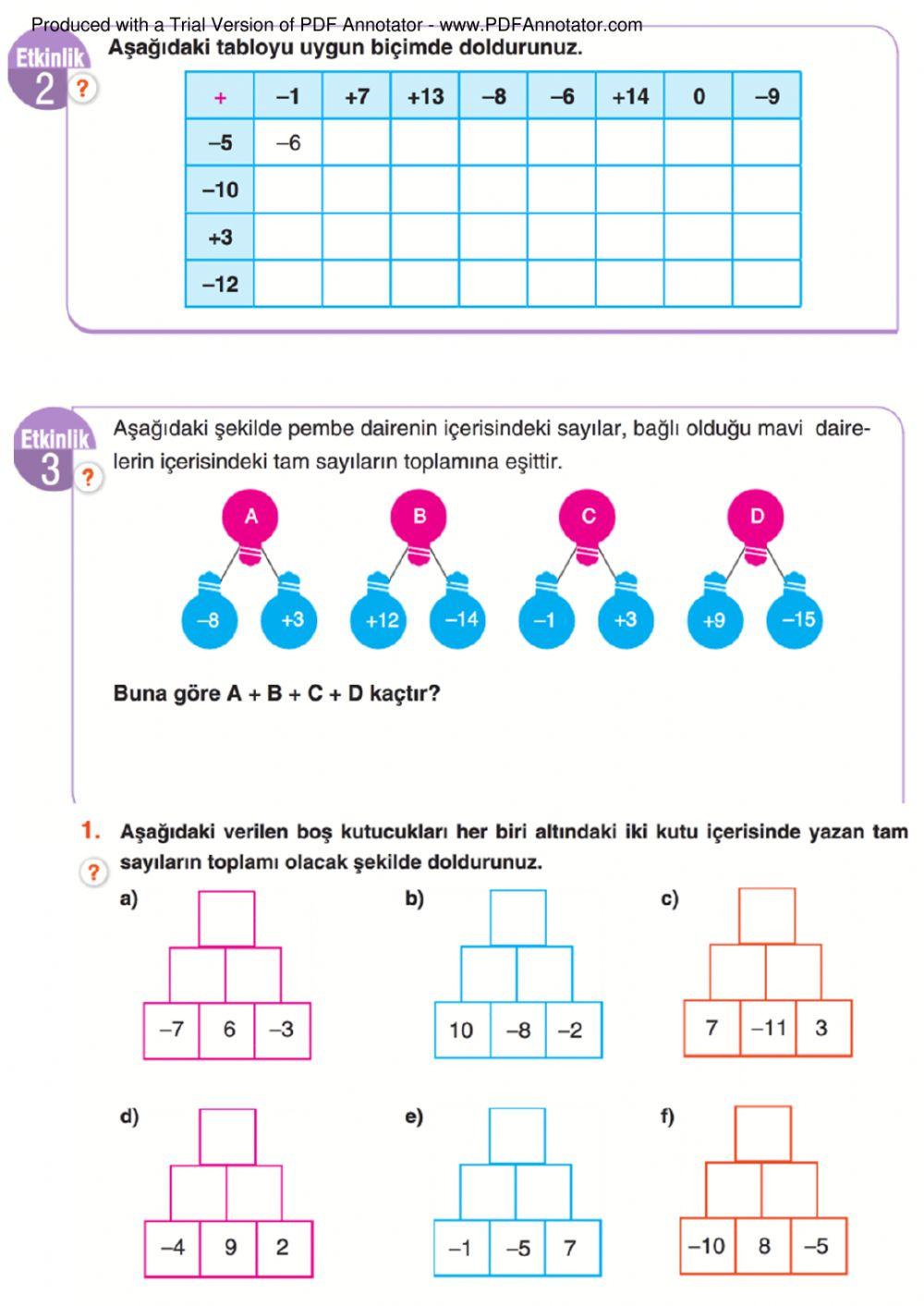 Tam sayılarla toplama ÇIKARMA worksheet | Live Worksheets
