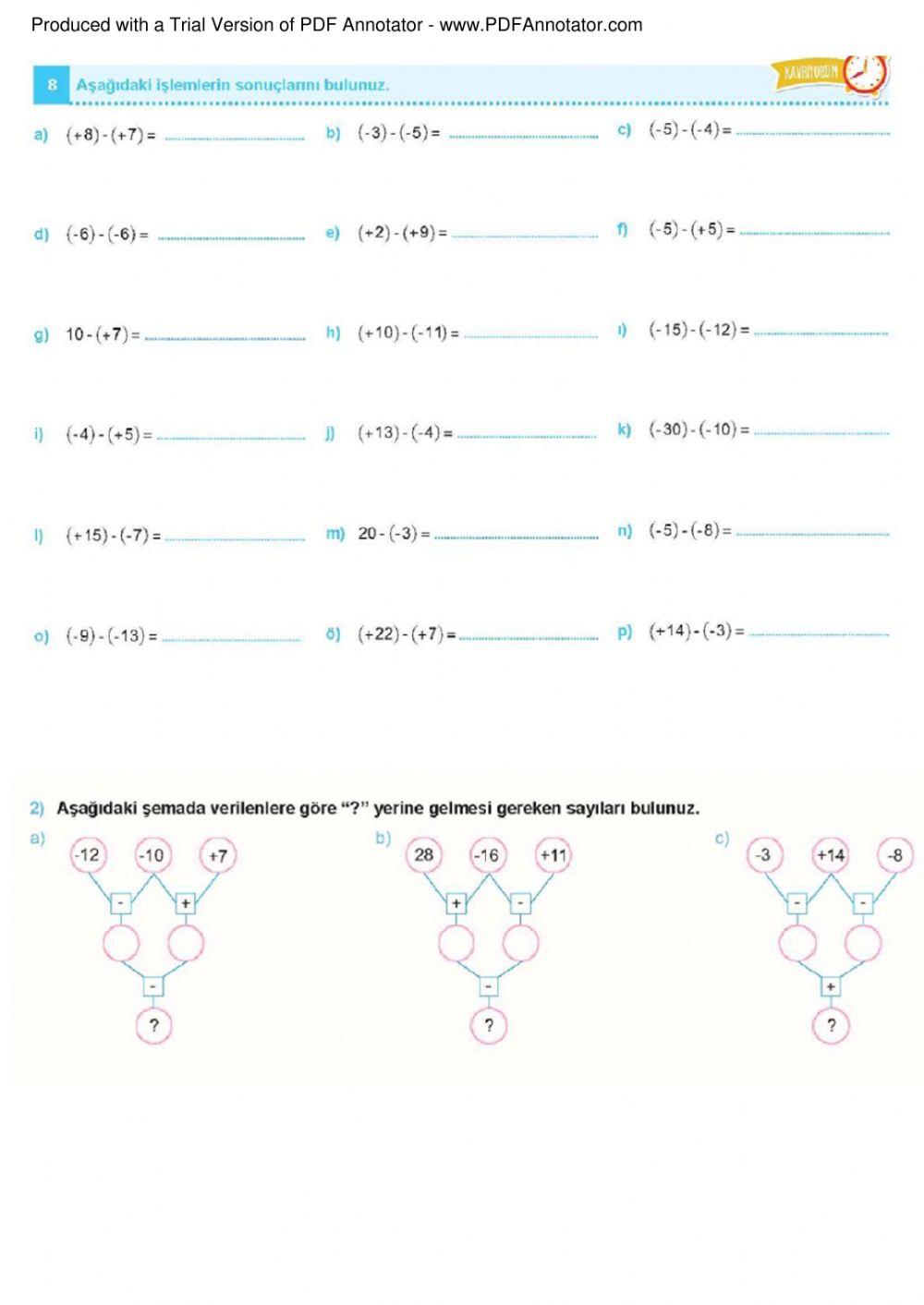 Tam sayılarla toplama ÇIKARMA worksheet | Live Worksheets