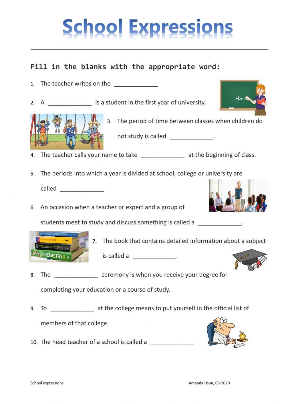 School expressions worksheet | Live Worksheets