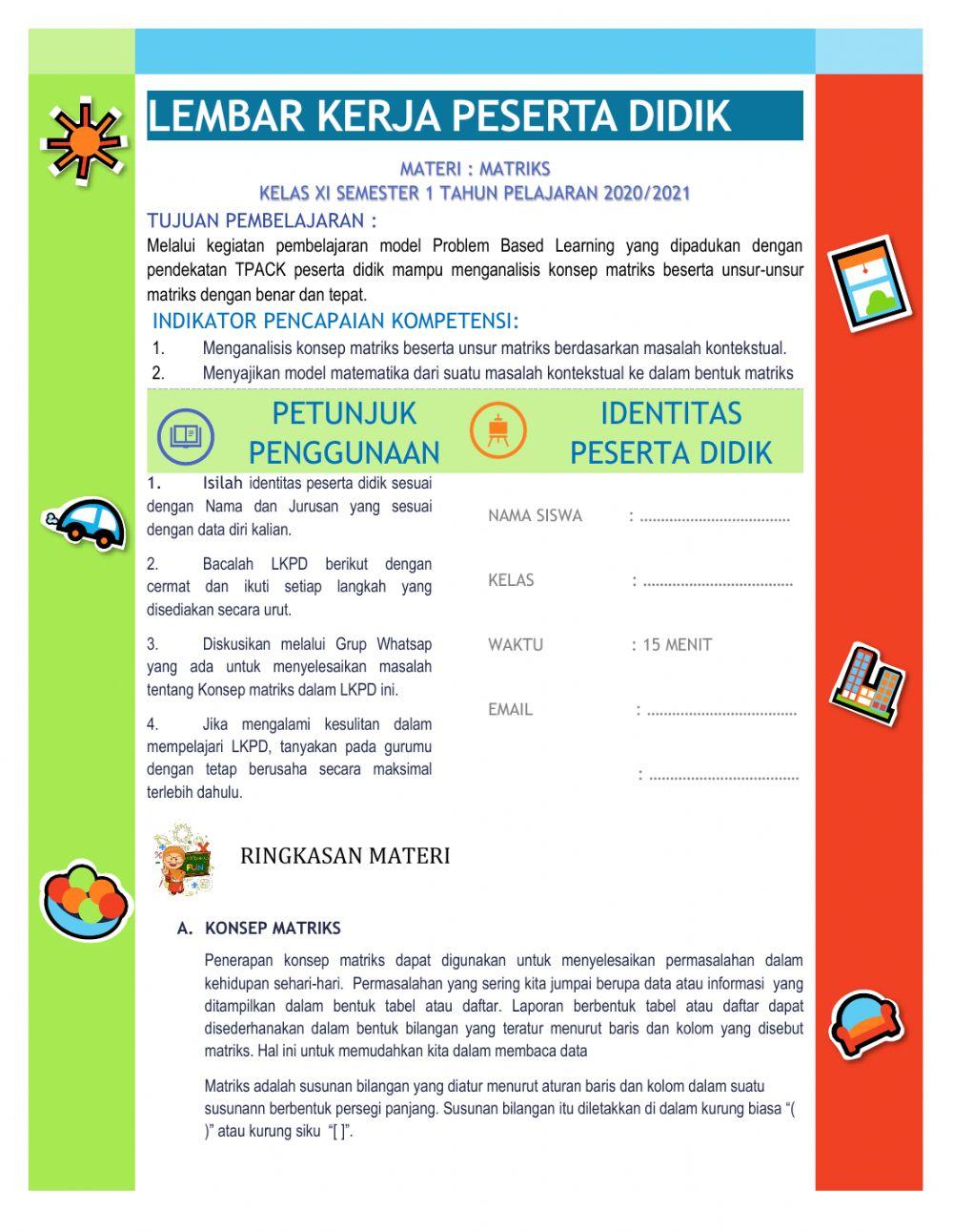 LKPD KONSEP MATRIKS PERTEMUAN PERTAMA online exercise for | Live Worksheets