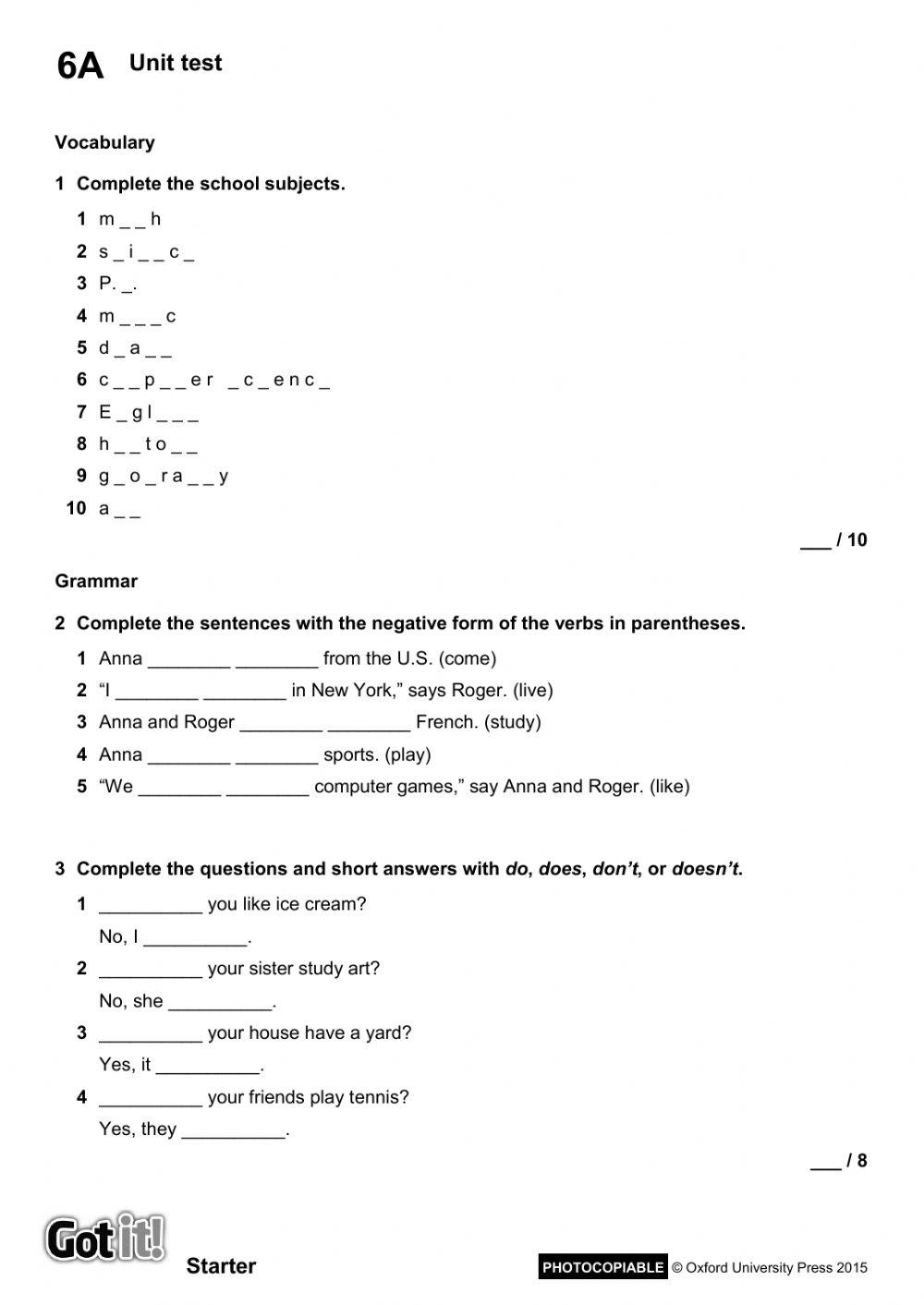 Got it starter B test unit 6 online exercise for | Live Worksheets