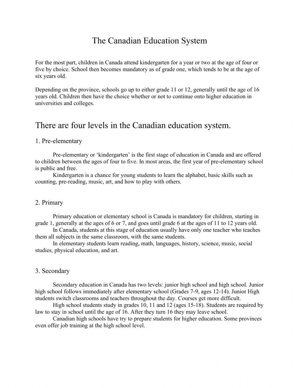Canadian Education System - Reading and Questions online exercise for ...