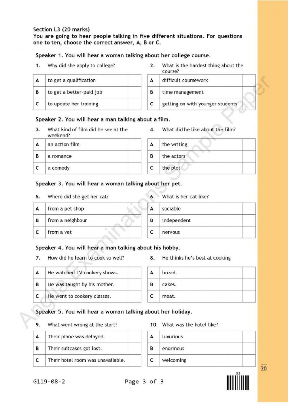 8 Advanced Level - Anglia Listening Paper GG119 online exercise for ...