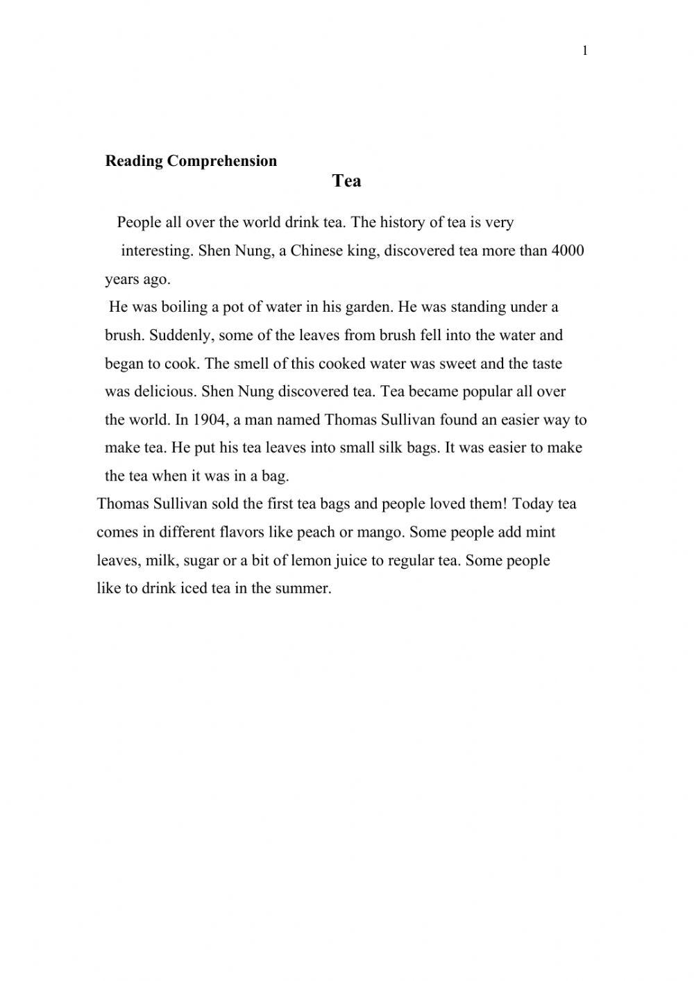 Tea worksheet | Live Worksheets