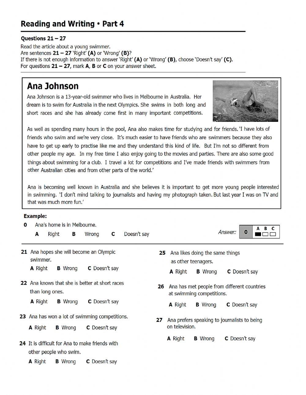 KET PRACTICE TEST - READING COMPREHENSION online exercise for | Live ...