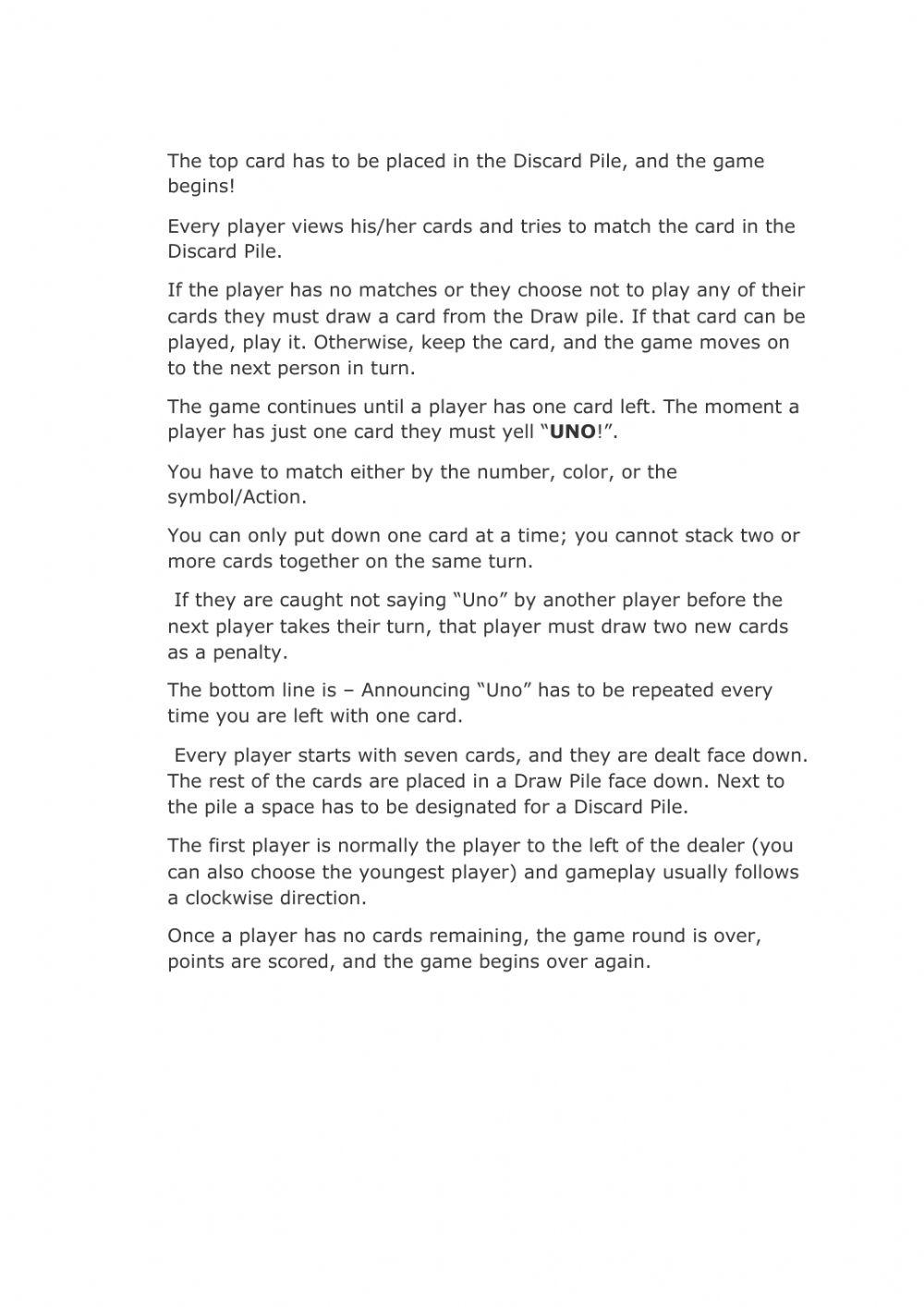 UNO rules worksheet | Live Worksheets