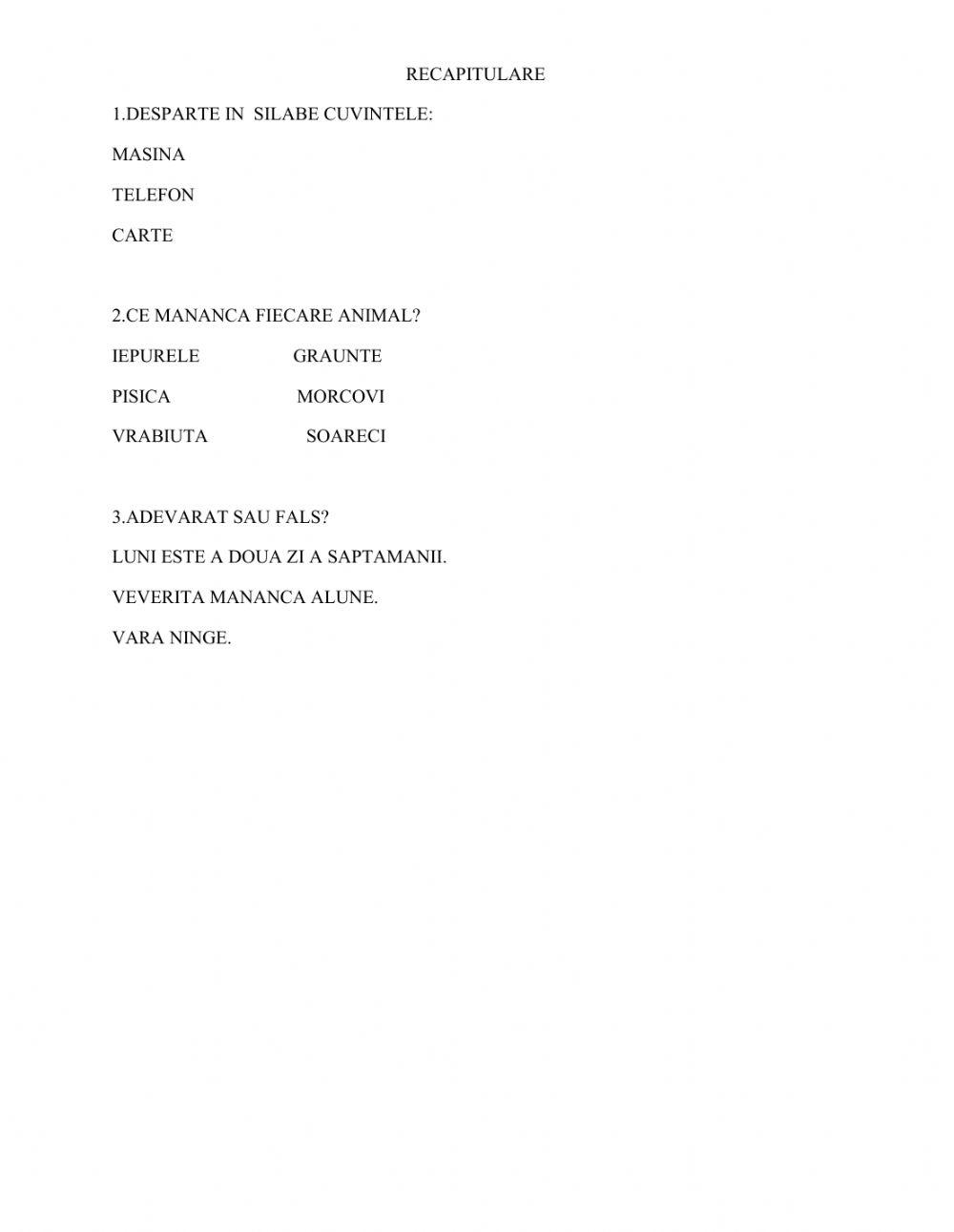 Recapitulare interactive activity for clasa I | Live Worksheets