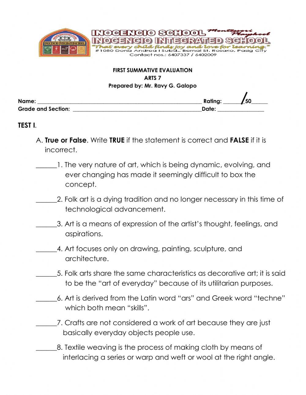 Arts 7 worksheet | Live Worksheets