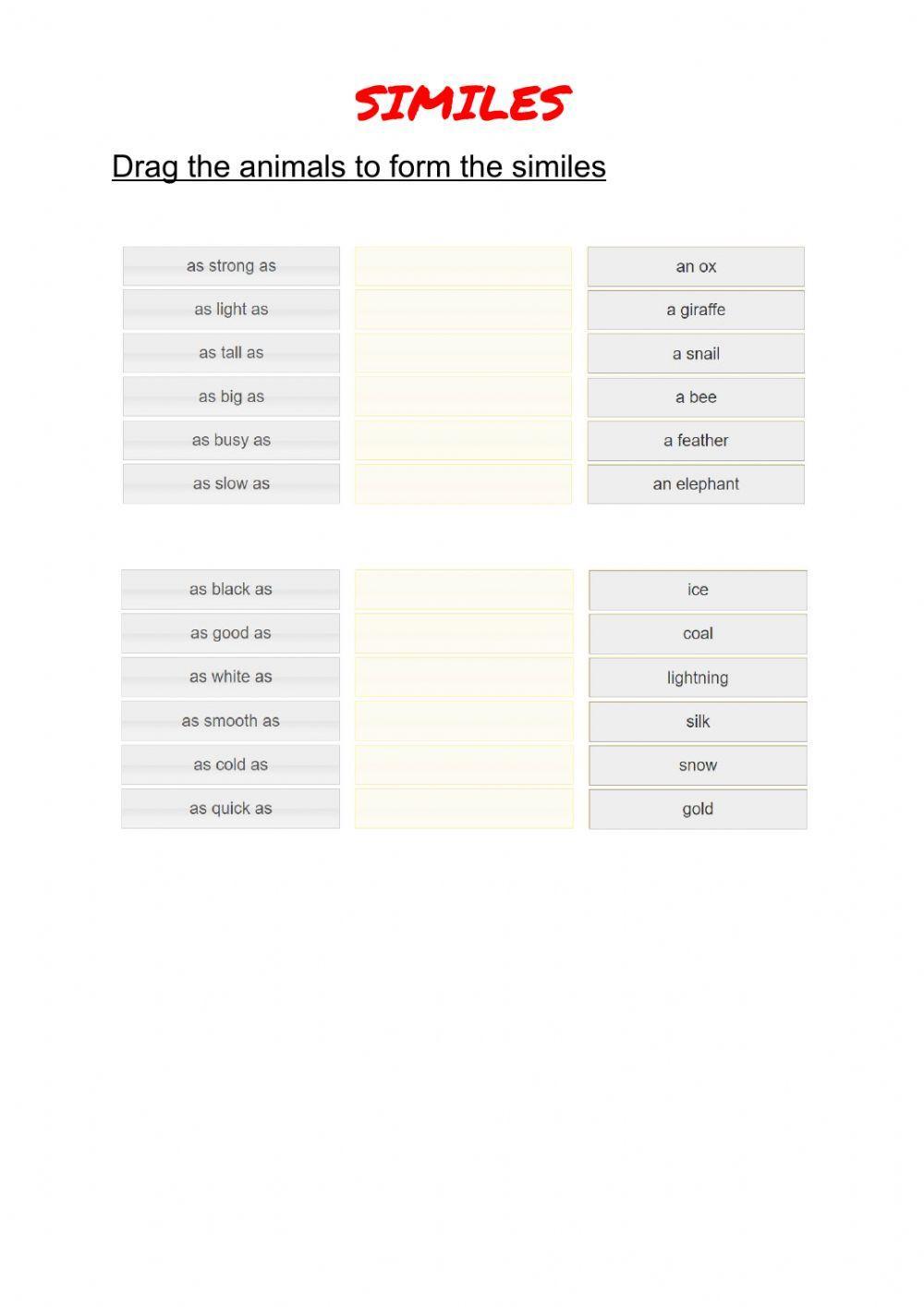 Similes | Free Interactive Worksheets | 384386