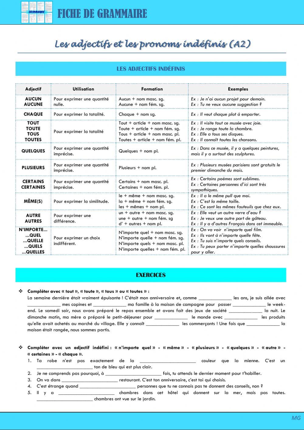 Adjectifs et pronoms indéfinis online exercise for | Live Worksheets