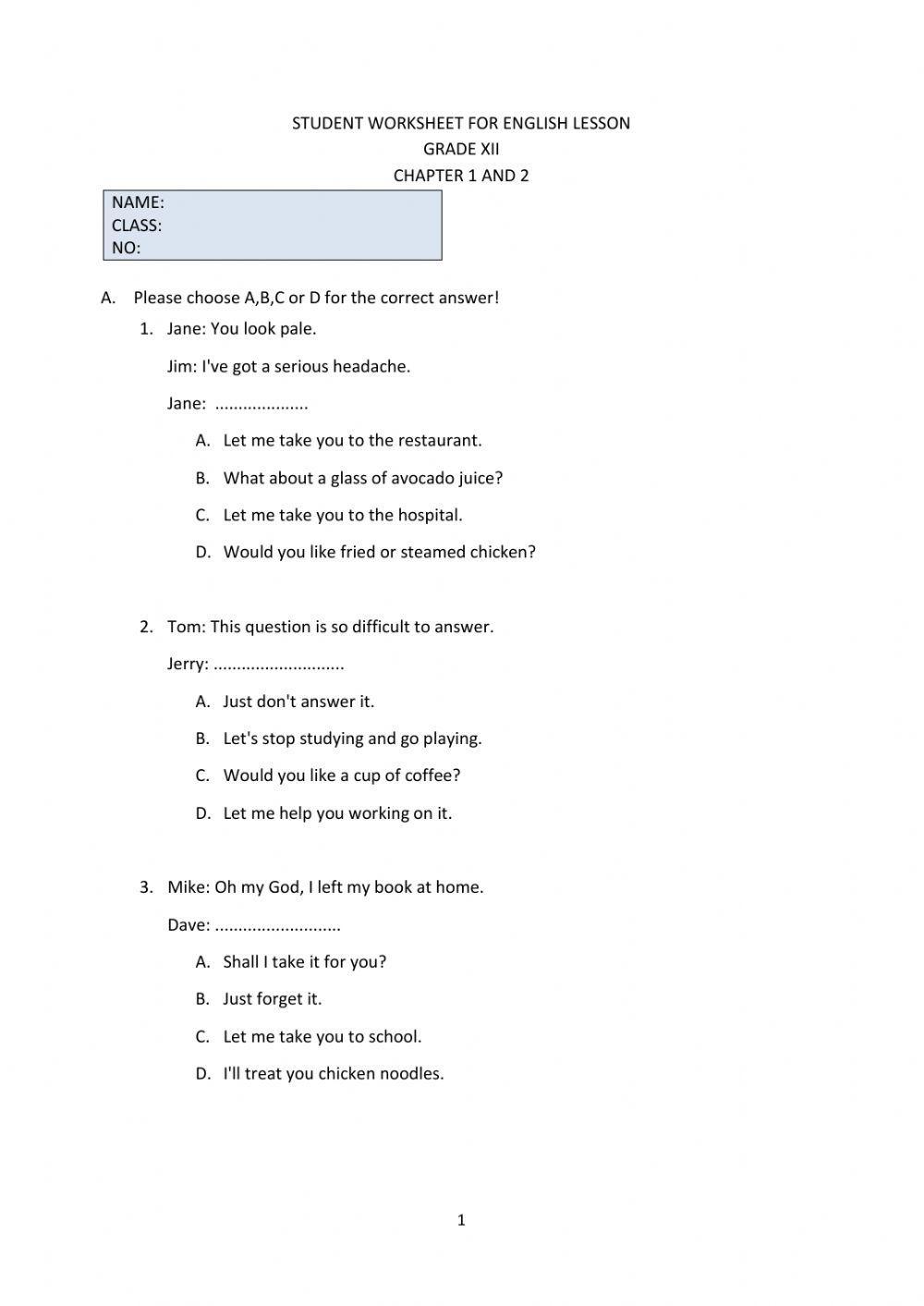 385470 | English test 1 for grade 12 | ANAK AGUNG AYU MAS