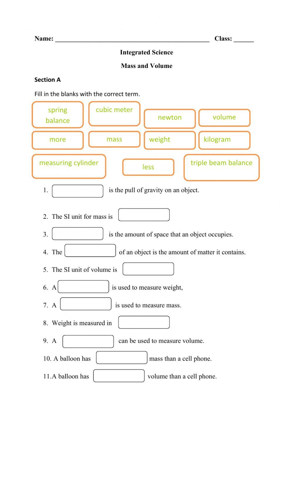 Mass and volume 386177 | jnba87 | Live Worksheets