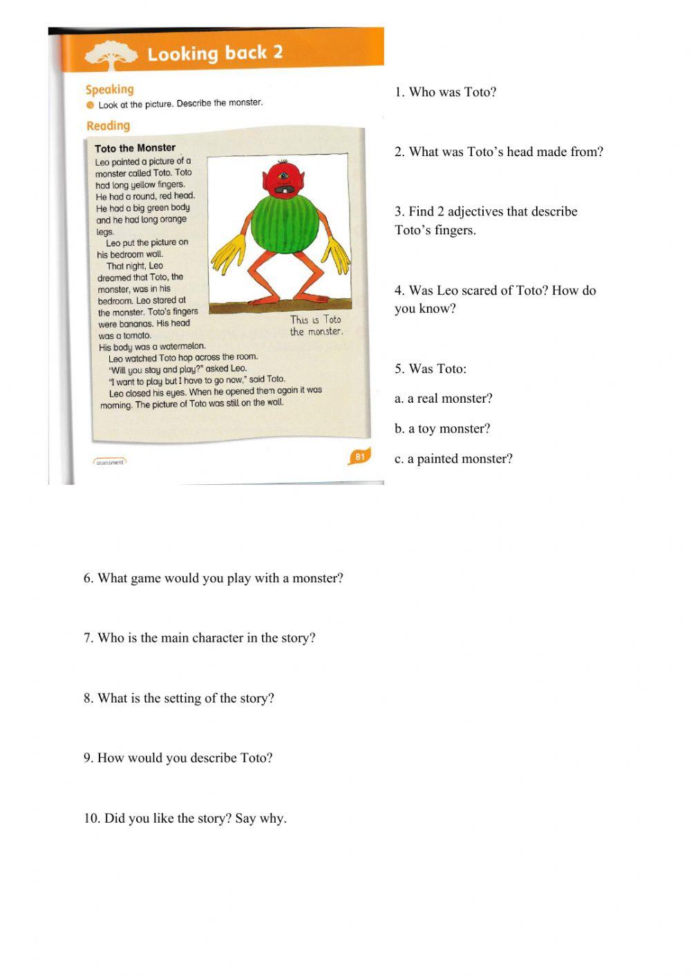 Reading Comprehension: Toto the Monster online exercise for | Live ...