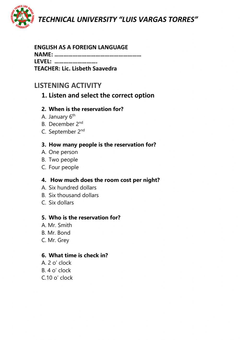 Making hotel reservations:Listening | Ivanna Lisbeth