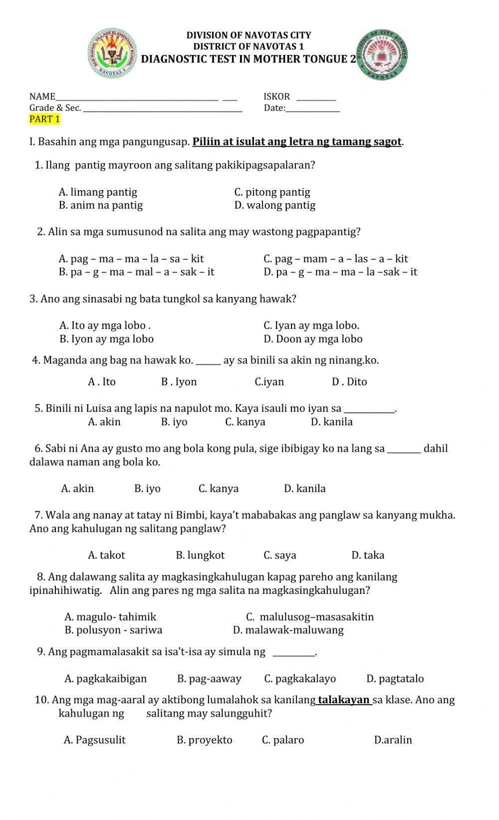 Diagnostic Test in MTB-MLE PART 1 worksheet | Live Worksheets