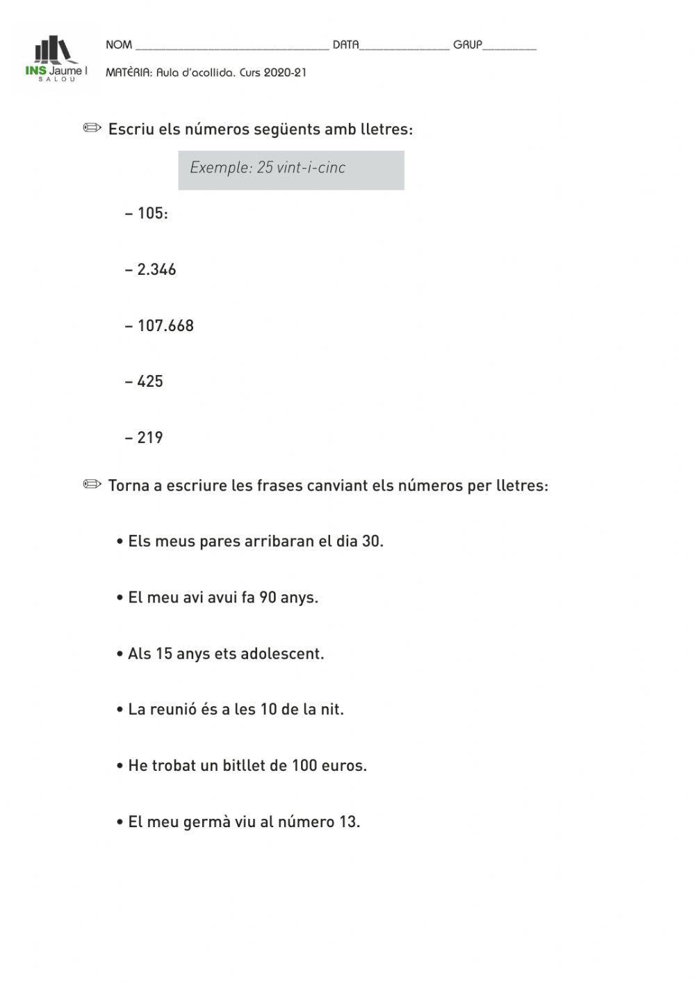 Els numerals | Free Interactive Worksheets | 388507