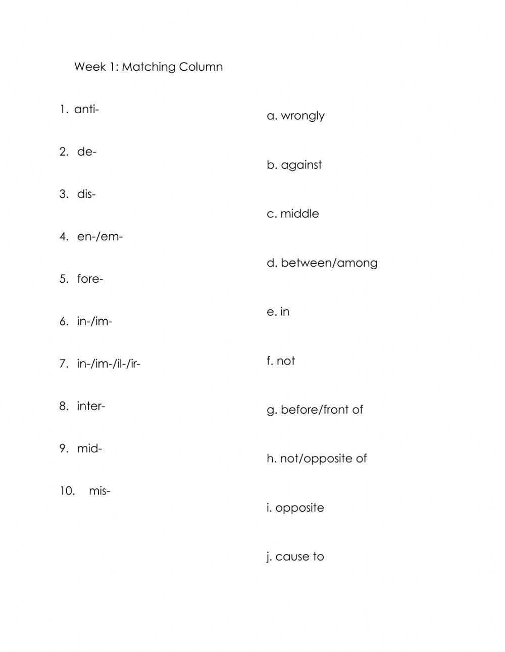 Prefix and Definition worksheet | Live Worksheets