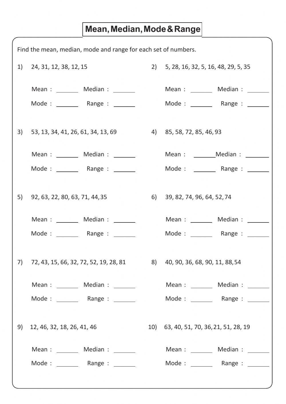 Mean Median Mode Worksheets Mean Median Mode Worksheets