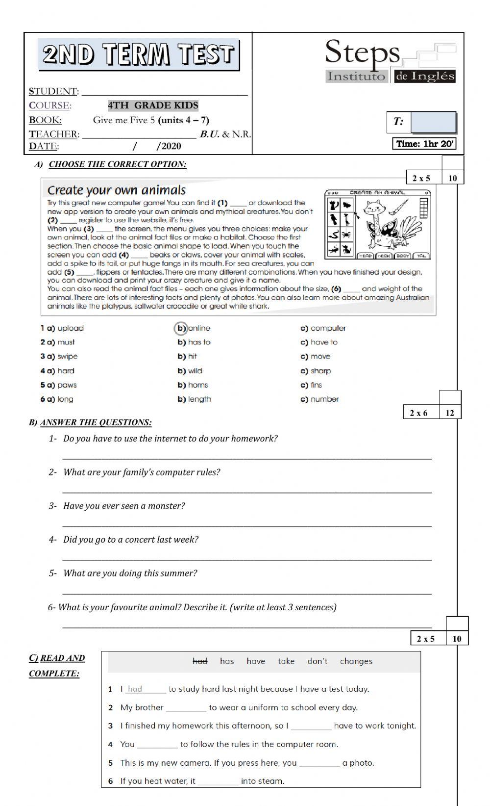 4TH GRADE - GRAMMAR - 2ND MID TERM TEST - 2020 online exercise for ...