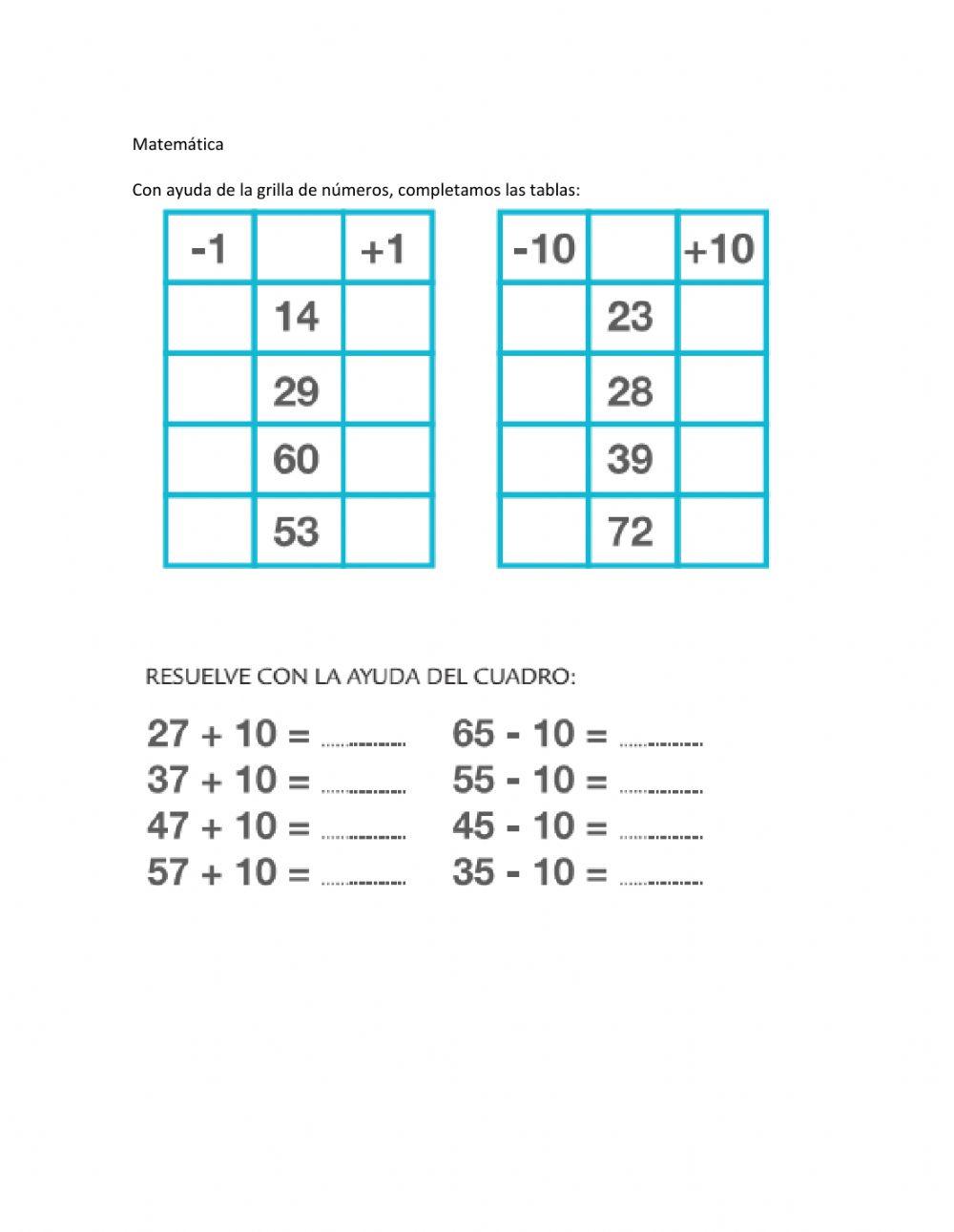 Sumas y restas en el cuadro numérico worksheet | Live Worksheets
