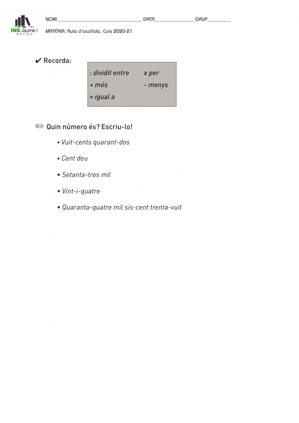 Els numerals | Free Interactive Worksheets | 390571