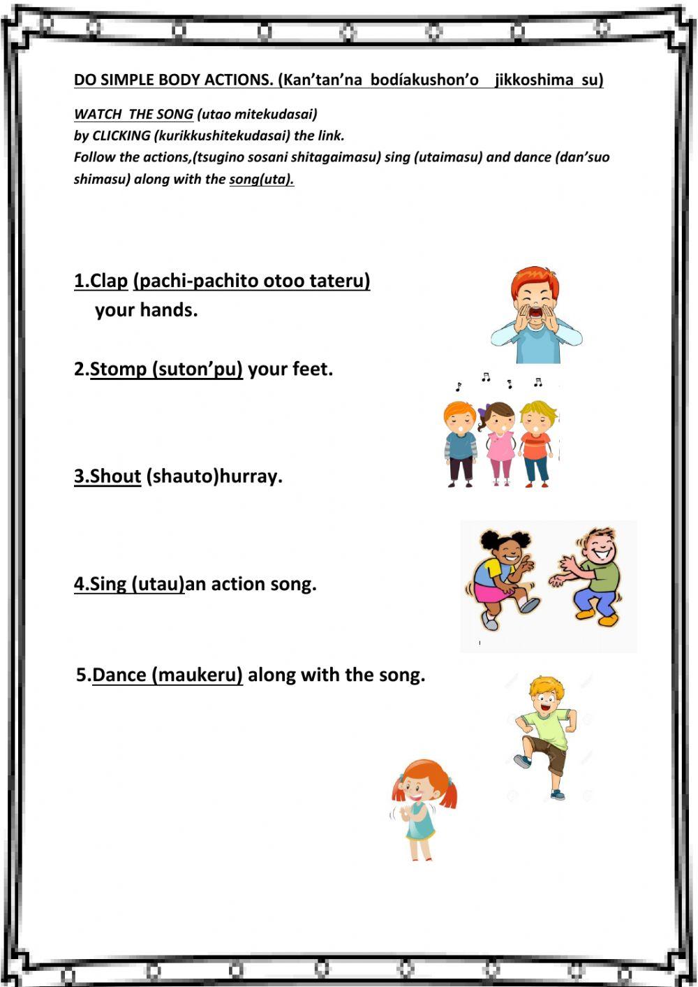 Do simple body actions from an action song. worksheet | Live Worksheets