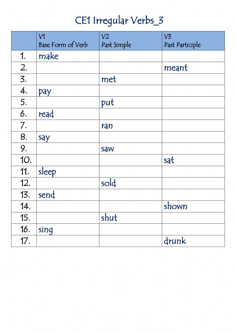 Irregular Verbs 3 free online activity | Live Worksheets