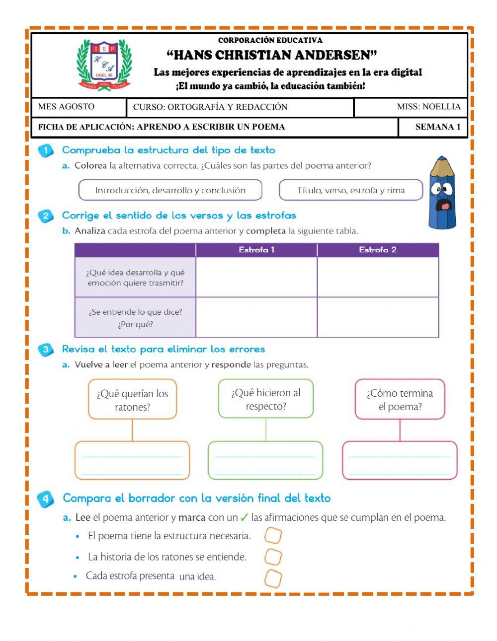 Las partes del poema worksheet | Live Worksheets