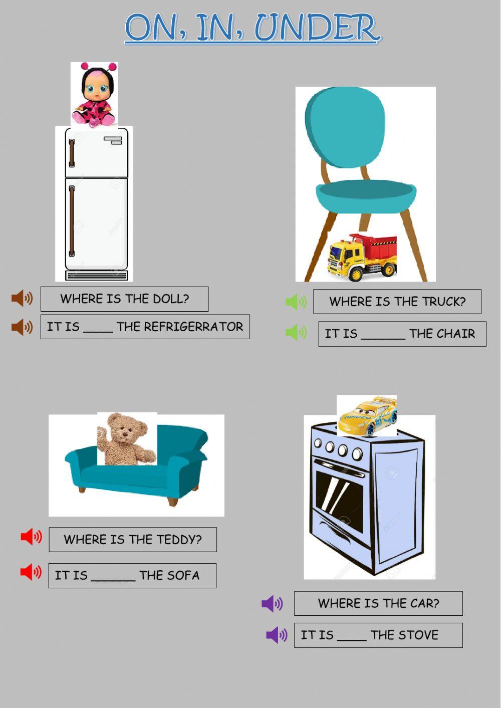 Prepositions: on, in, under interactive worksheet | Live Worksheets