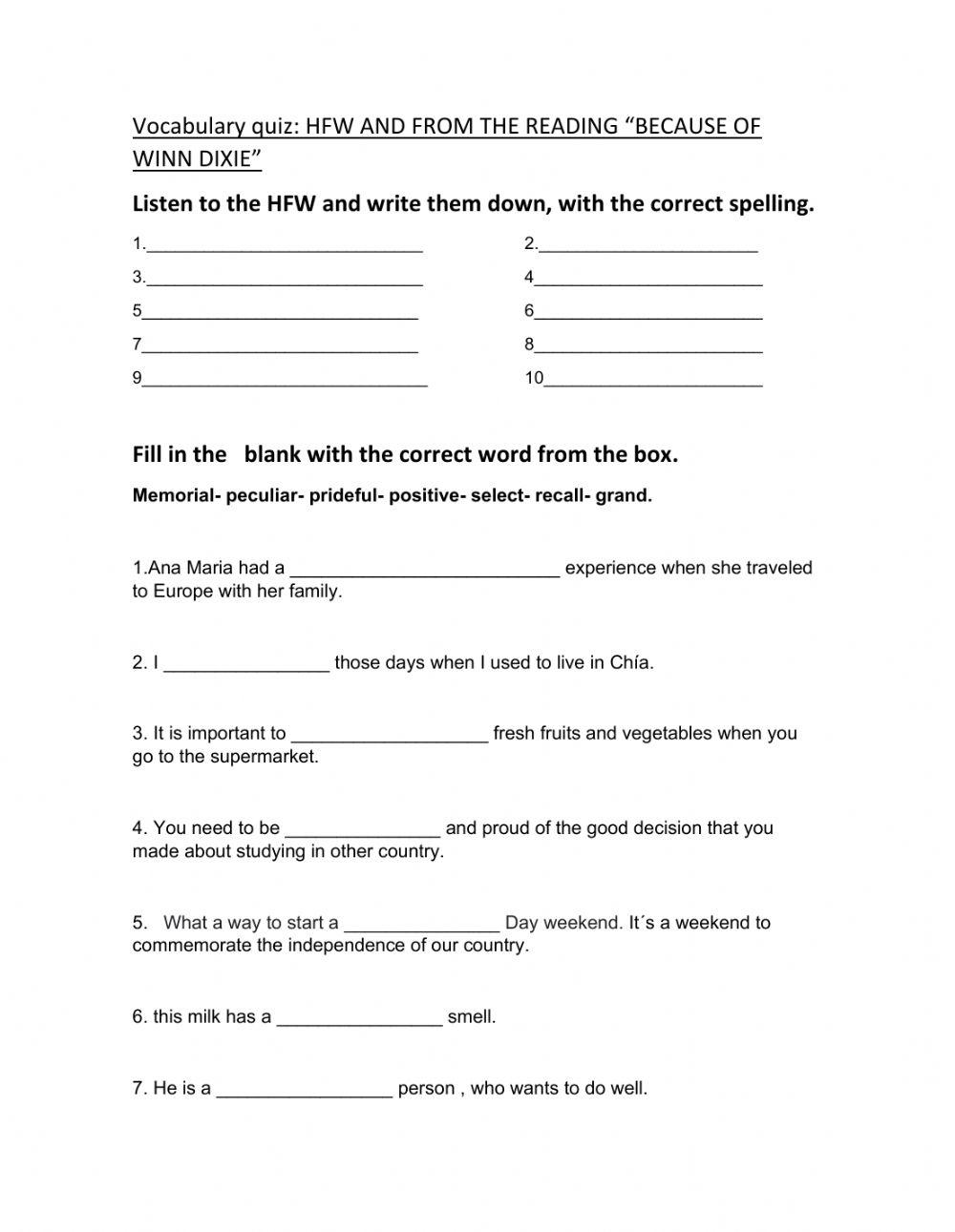 Vocabulary Quiz - Becuase of Winn Dixie - and HFW worksheet | Live ...