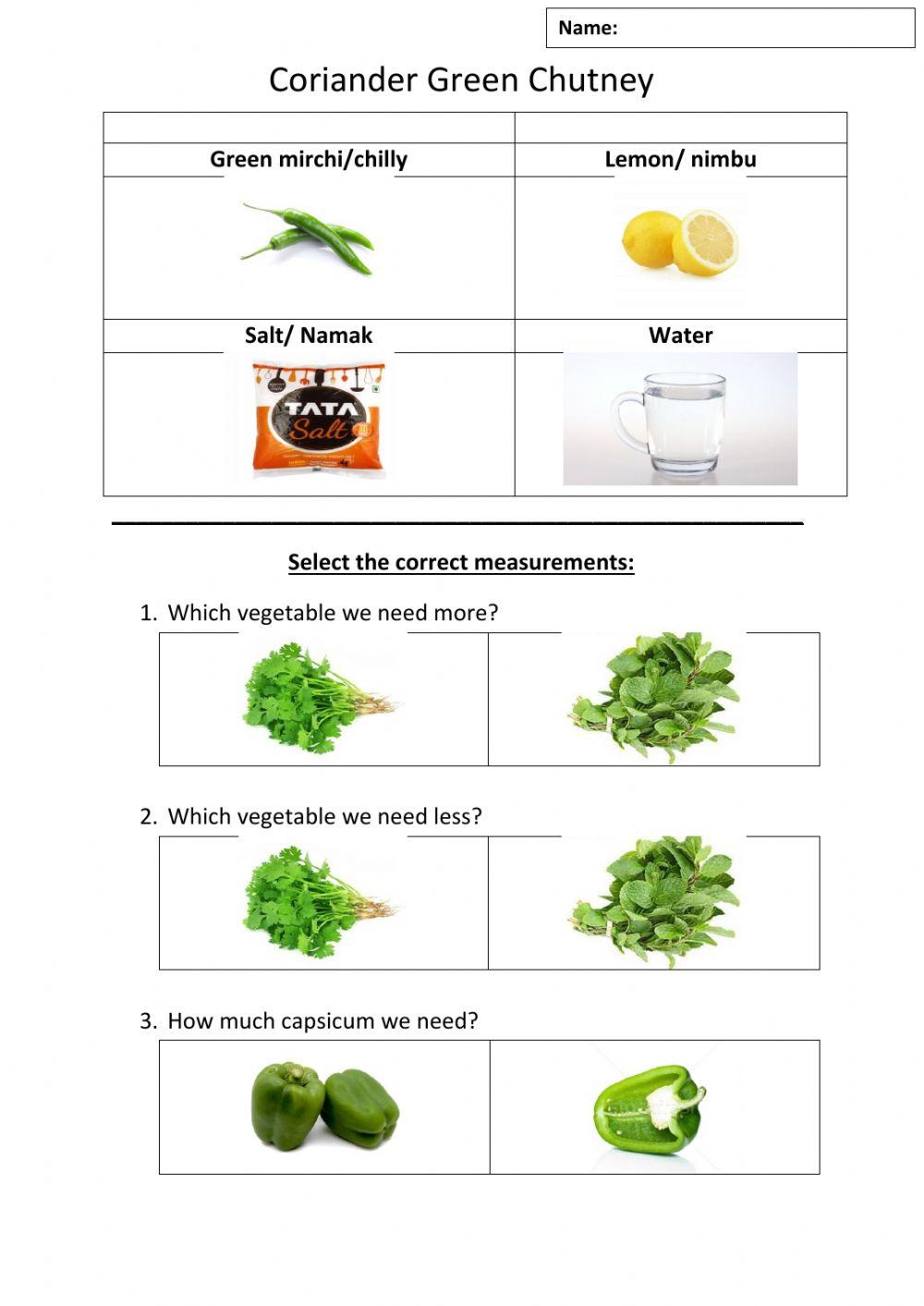 Cooking- Coriander chutney worksheet worksheet | Live Worksheets