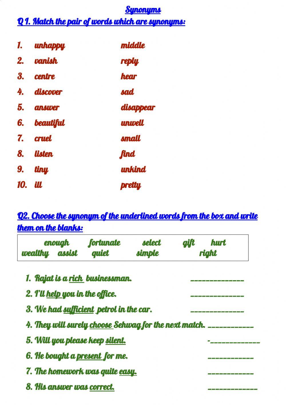 Pdf online activity: Synonyms | Live Worksheets