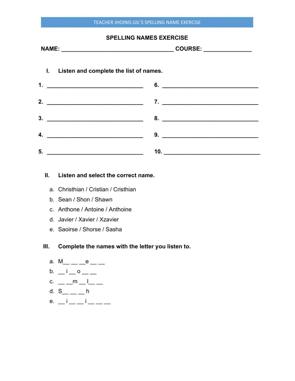 Spelling Names … | Free Interactive Worksheets | 348684