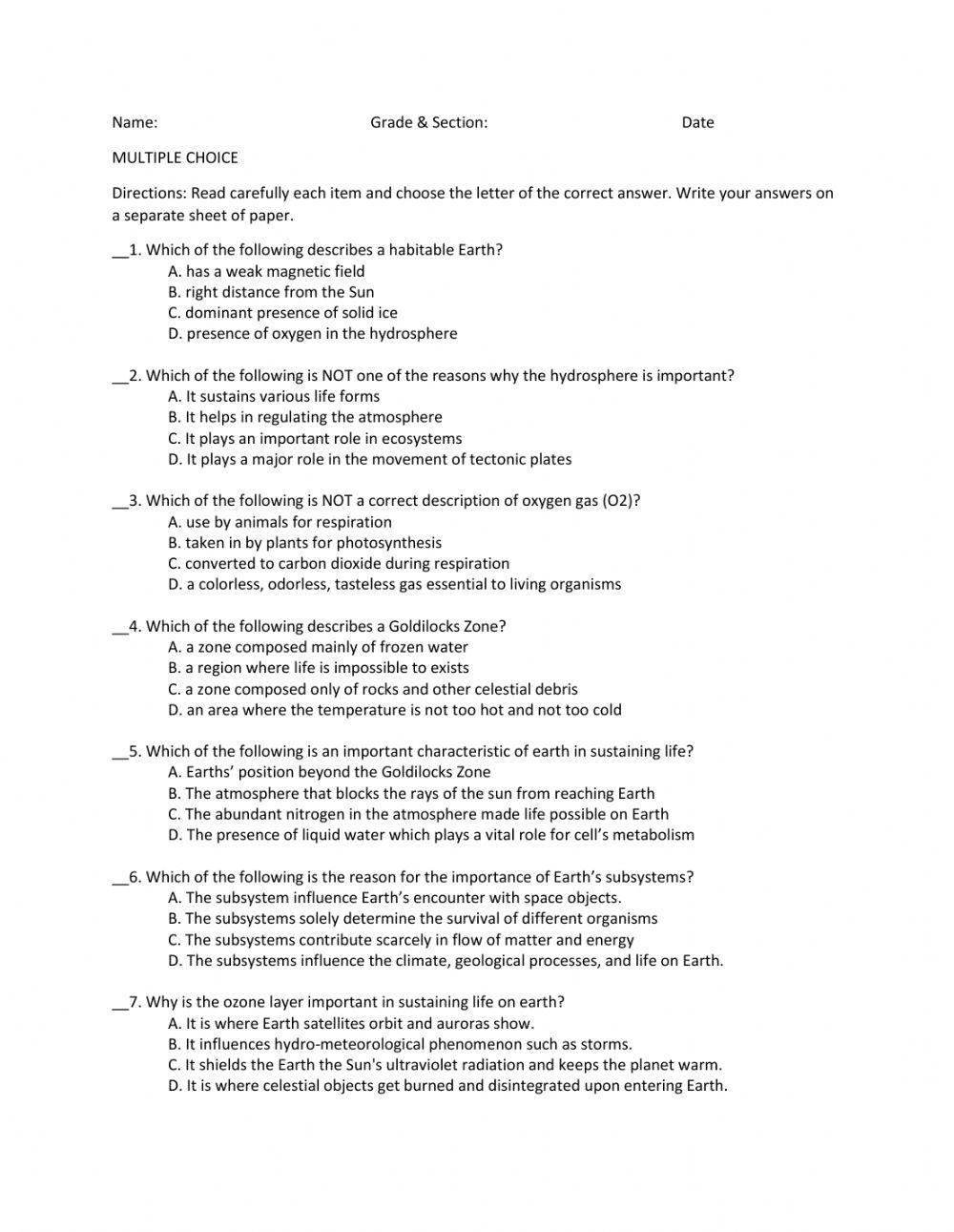 Earth Science | Free Interactive Worksheets | 348912