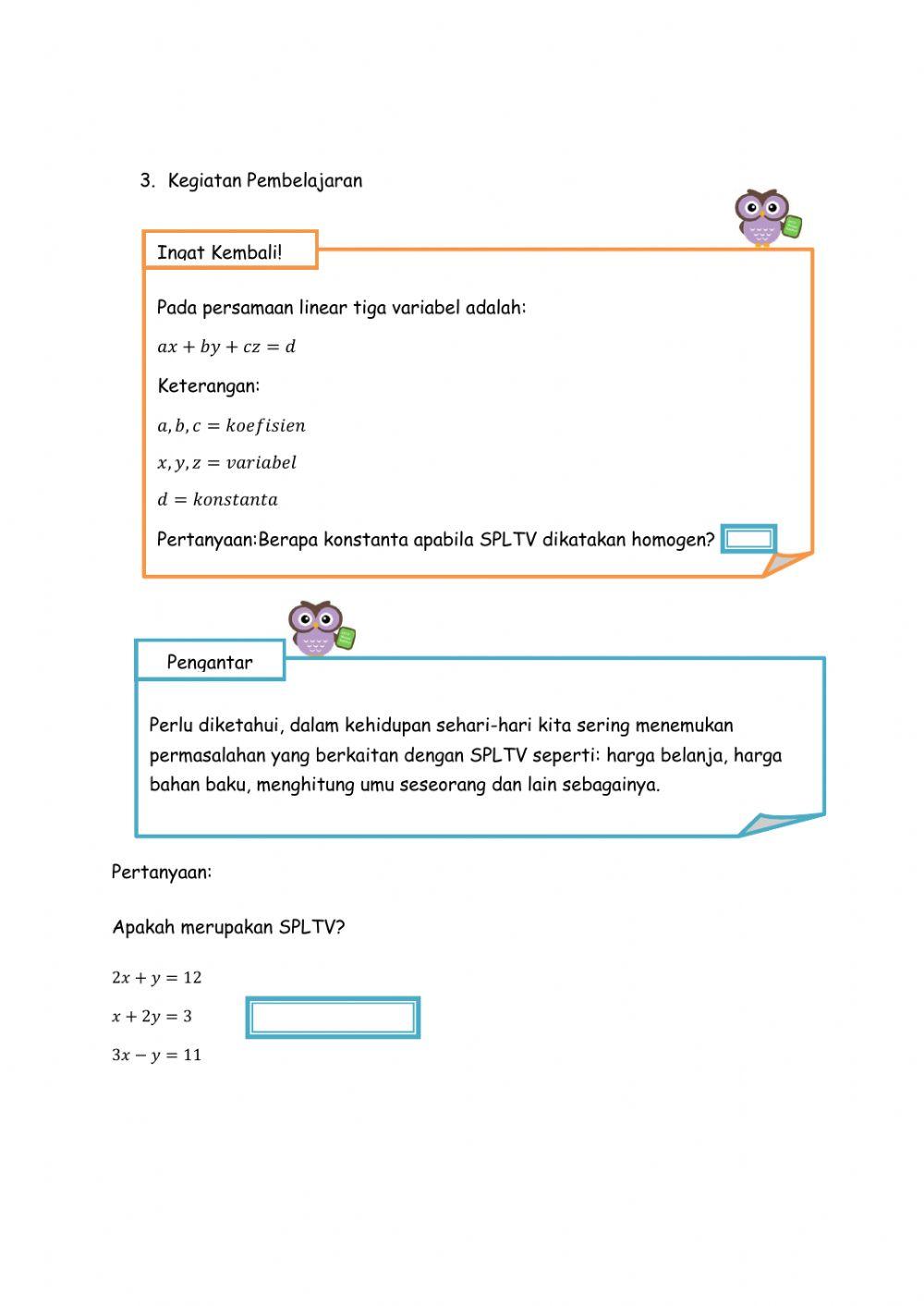 Pertemuan 2 SPLTV worksheet | Live Worksheets