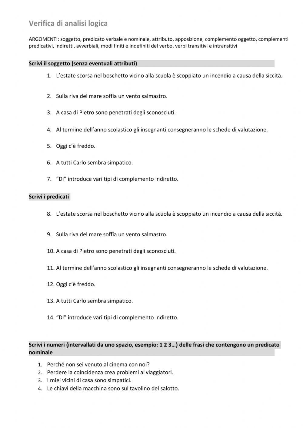 Verifica analisi logica ripasso 2 worksheet | Live Worksheets