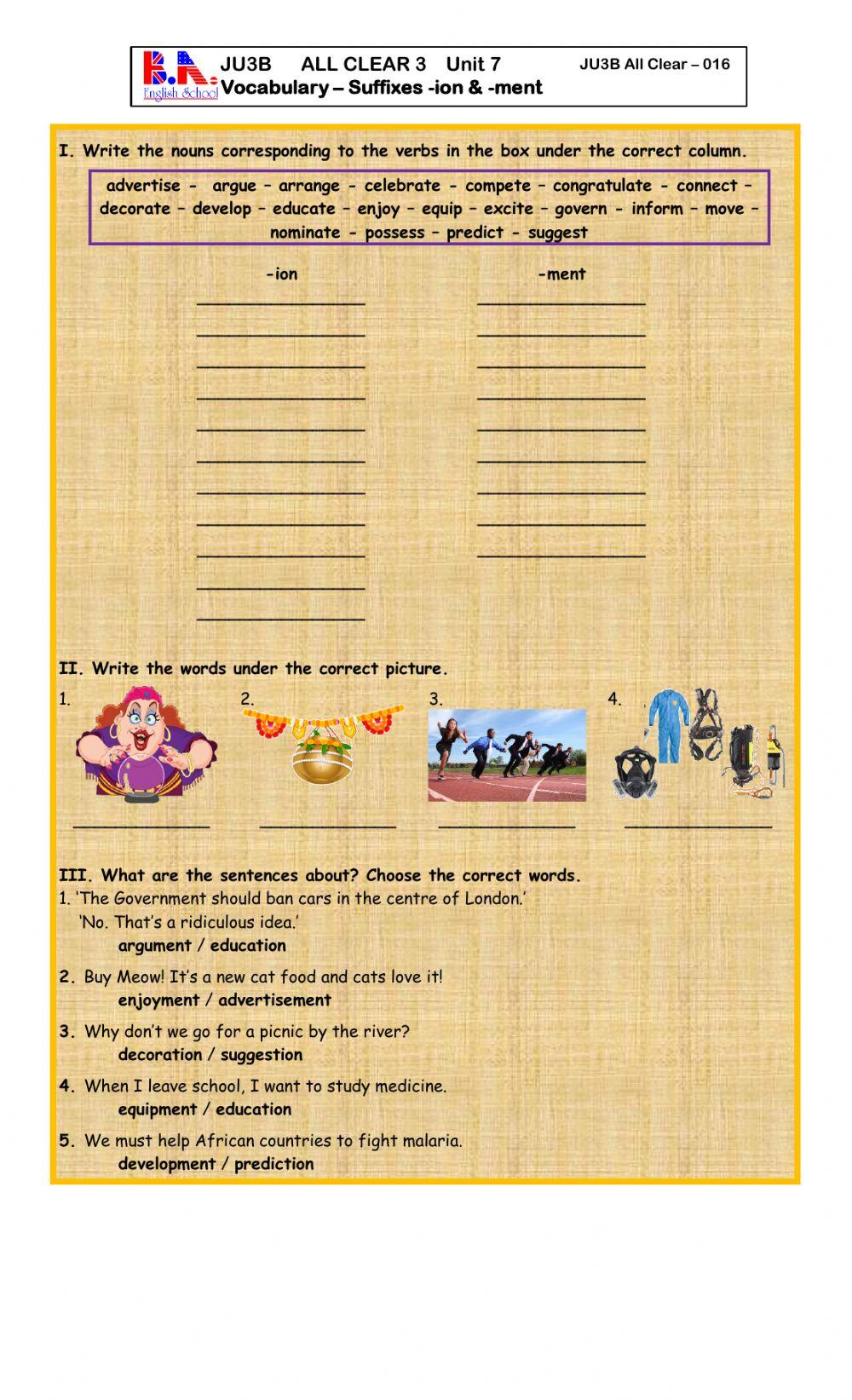 JU3B UNIT 7 VOCABULARY - SUFFIXES -ION - -MENT online exercise for ...