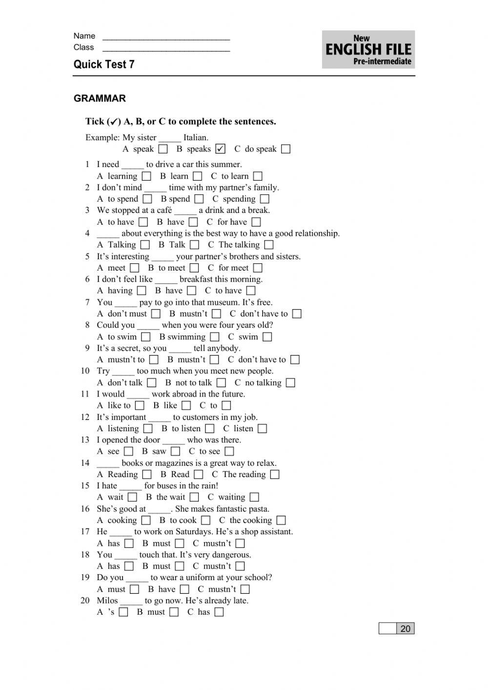 QUICKTEST 7 - ENGLISH FILE PRE INTERMEDIATE online exercise for | Live ...