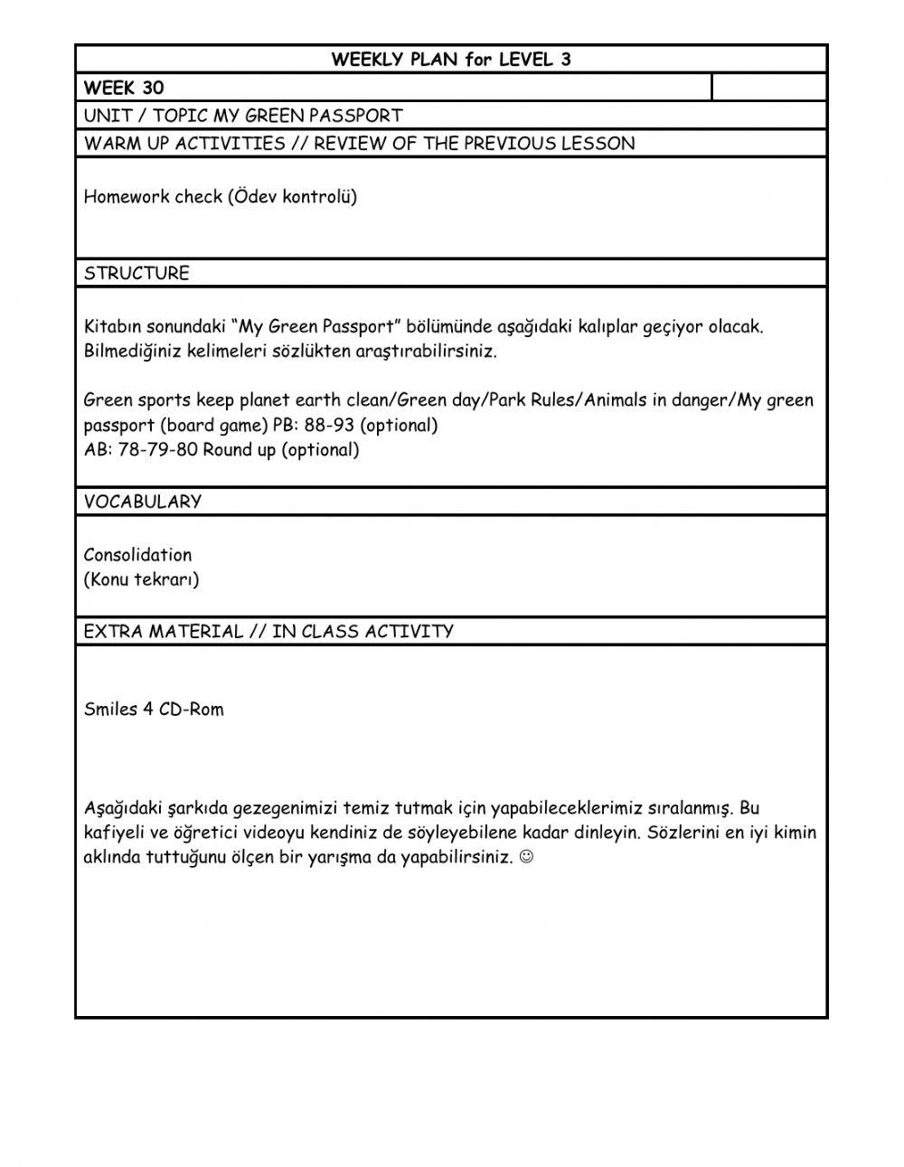 Level 3 Week 30 weekly plan 354290 | Kalev Dil Okulu