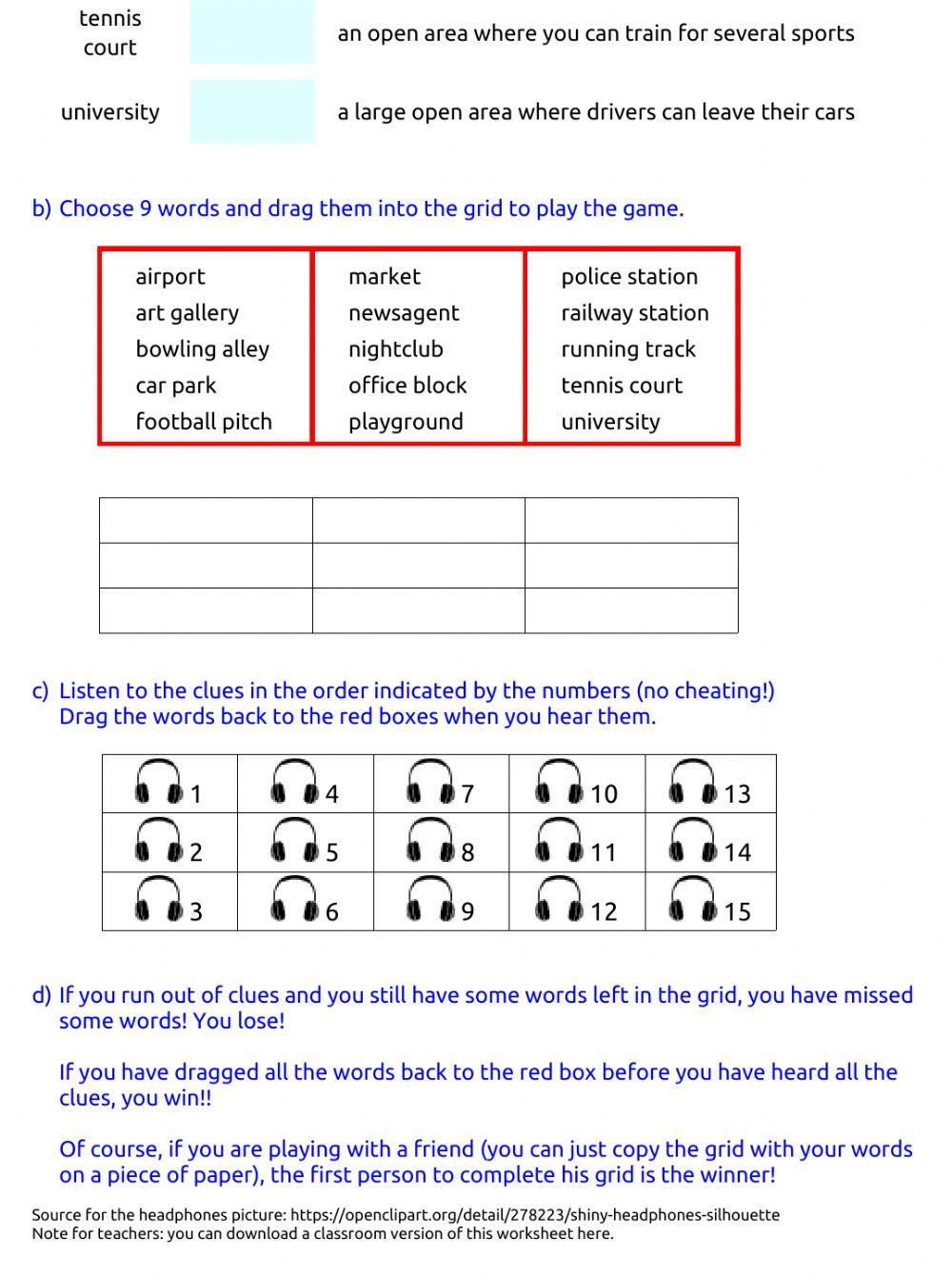 Game - Definitions bingo - Places in the city worksheet | Live Worksheets