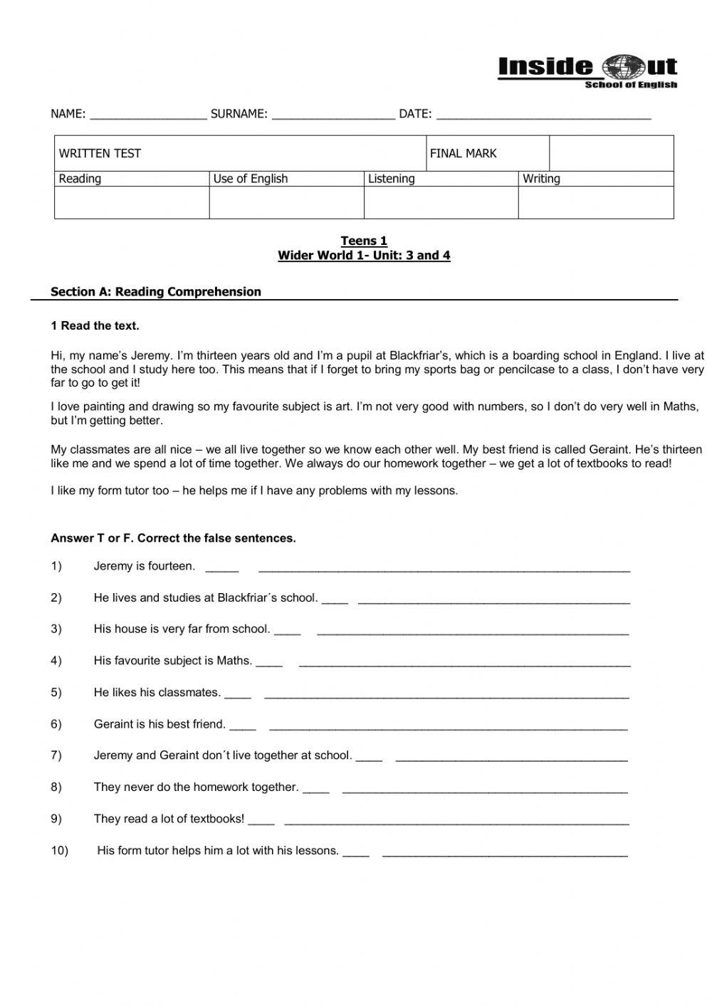 Test teens 1 units 3 and 4 worksheet | Live Worksheets