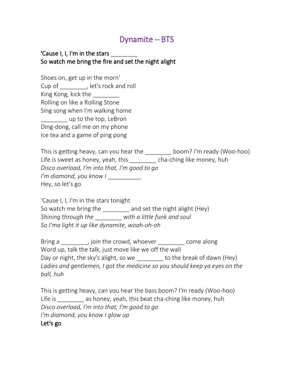 Dynamite - BTS worksheet | Live Worksheets